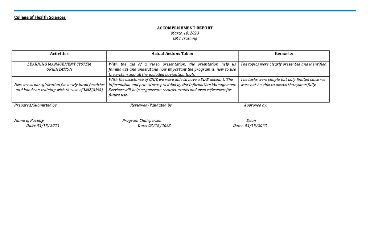 LMS Training Accomplishment Report - March 2023 - Studocu