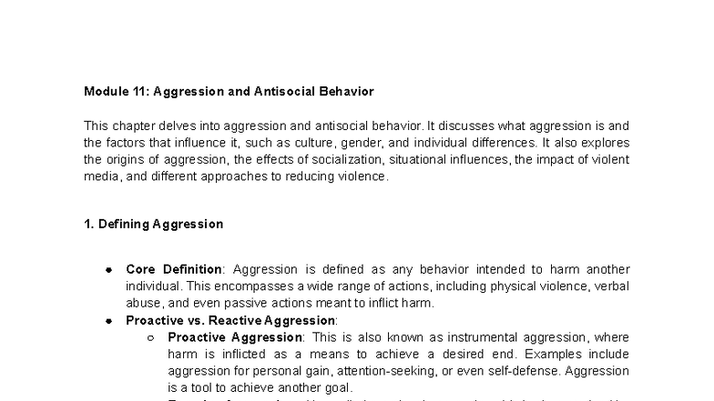 Module 11: Understanding Aggression & Antisocial Behavior - Studocu