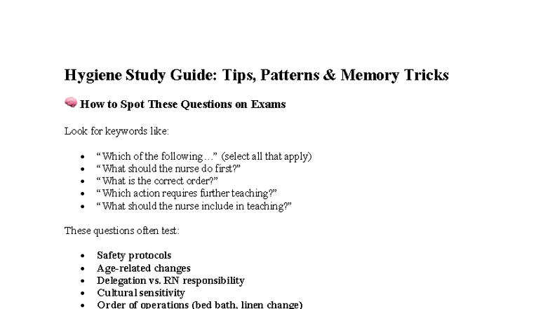Hygiene Study Guide: Key Tips & Memory Tricks for Exams - Studocu