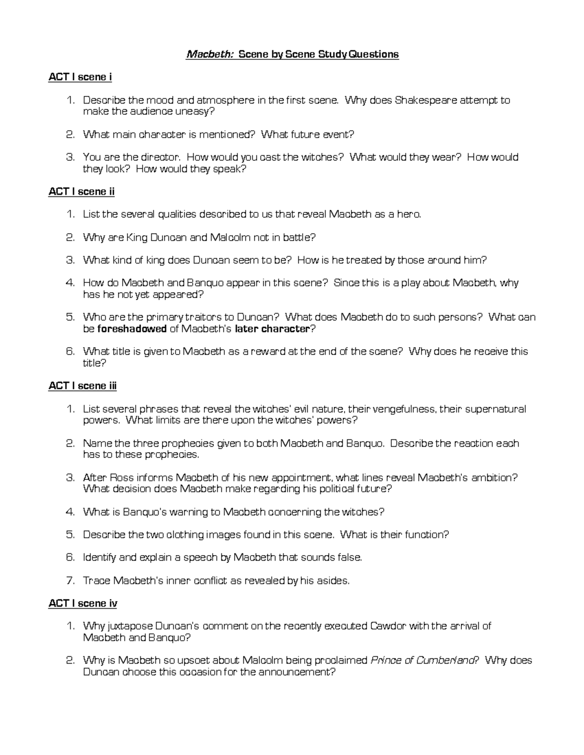 Macbeth: Scene by Scene Study Questions for Practice - Studocu