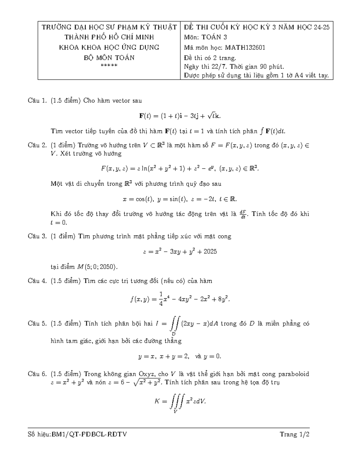 ĐỀ THI CUỐI KỲ HỌC KỲ 3 MÔN TOÁN 3 (MATH132601) - NĂM HỌC 2025 - Studocu