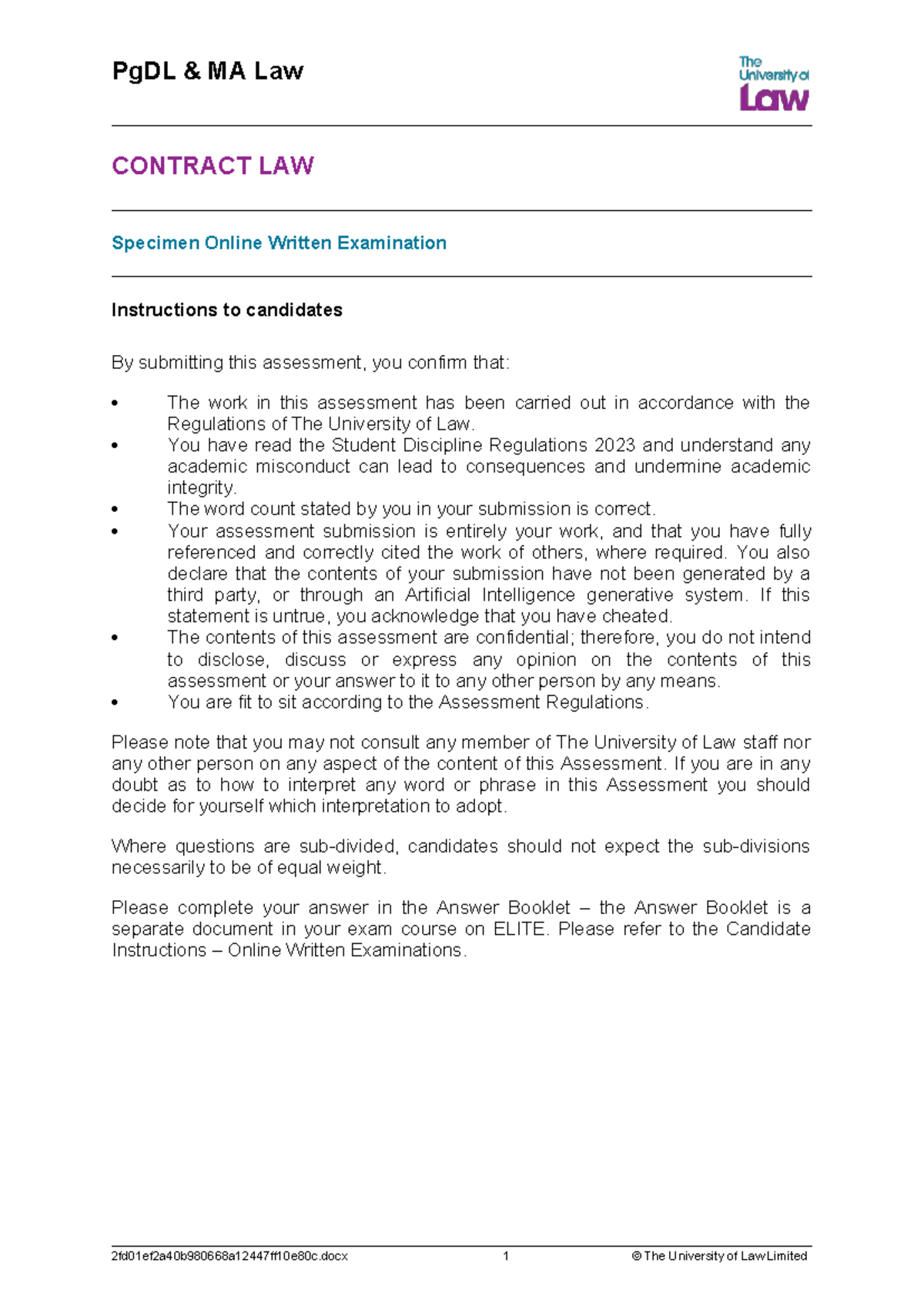 PgDL MA Law CONTRACT LAW Specimen Exam Instructions and Guidelines ...