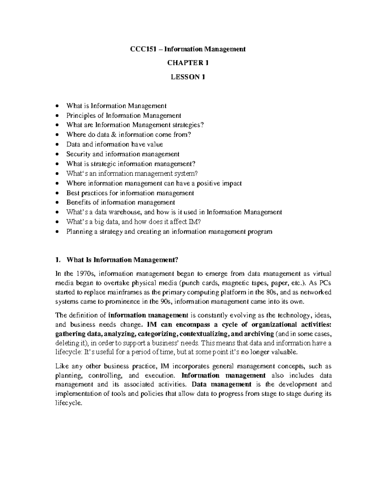 CCC151 - Lesson 1: Fundamentals of Information Management - Studocu