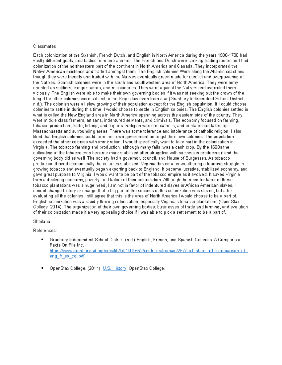 US History Unit 2 - Unit 2.1 DB: Colonial SettlementUnit 2.1 DB ...