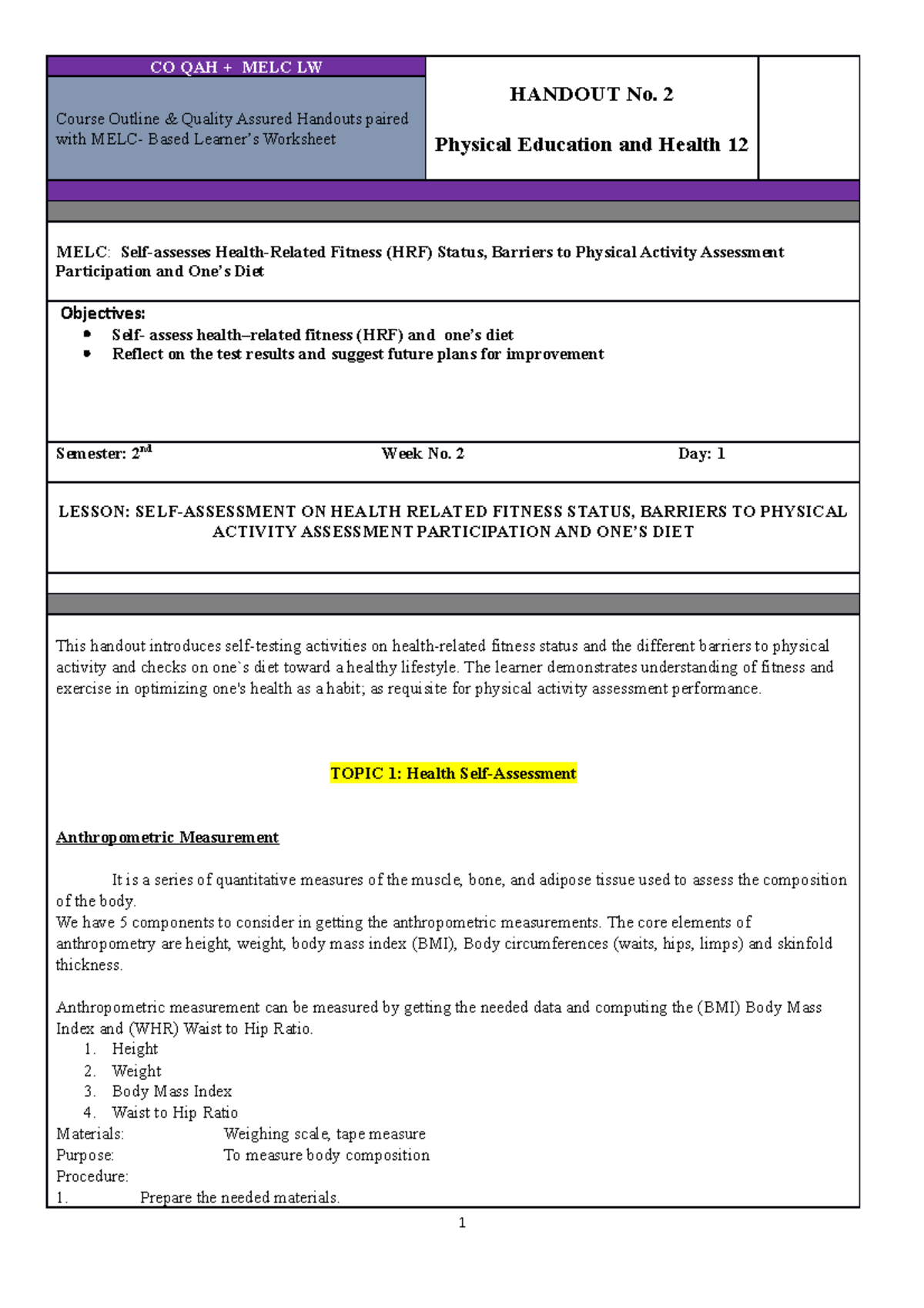 Handout 2 - 12 - p.e 12 - CO QAH + MELC LW HANDOUT No. 2 Physical ...