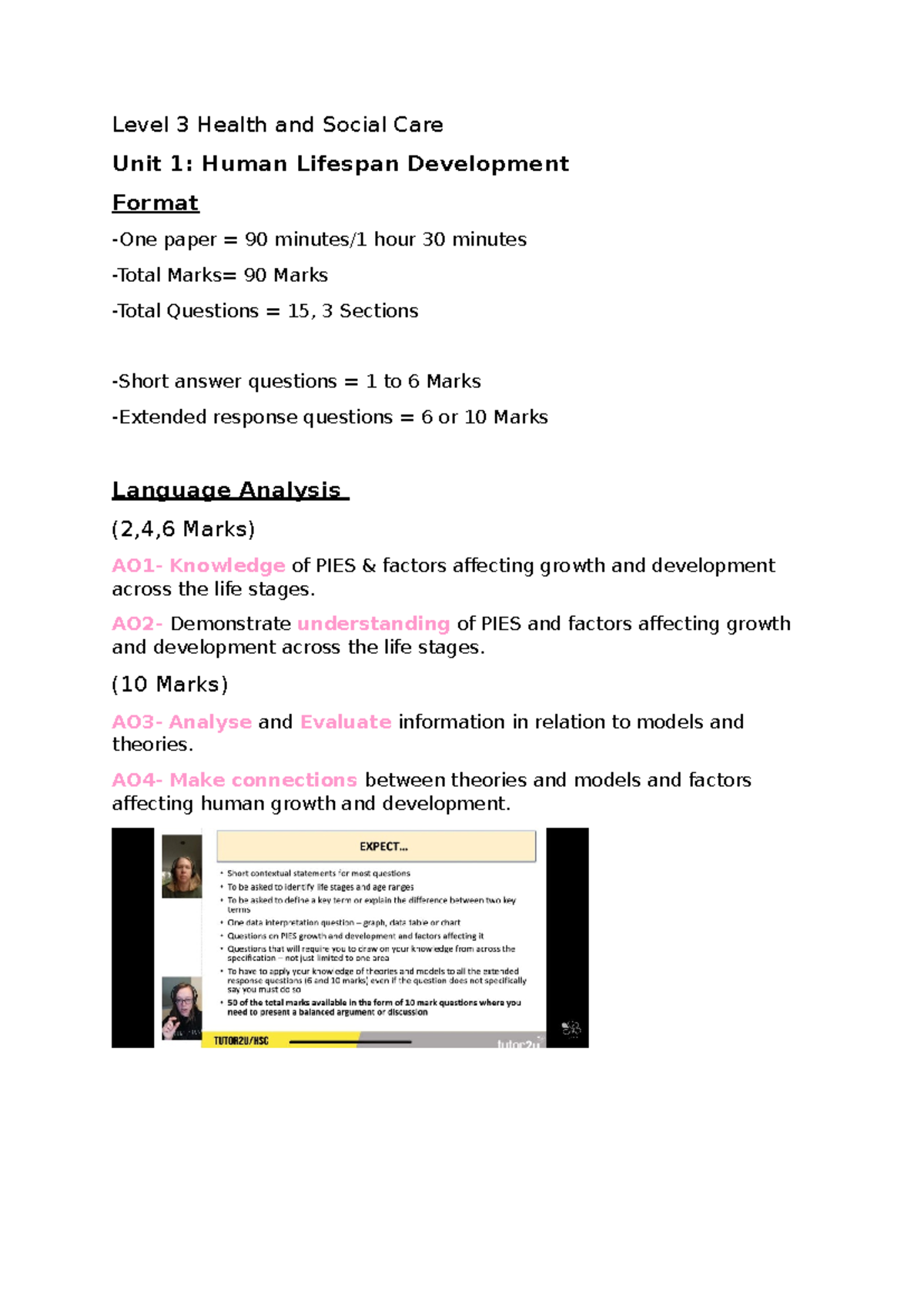 Level 3 Health and Social Care Unit 1: Human Lifespan Development Exam ...