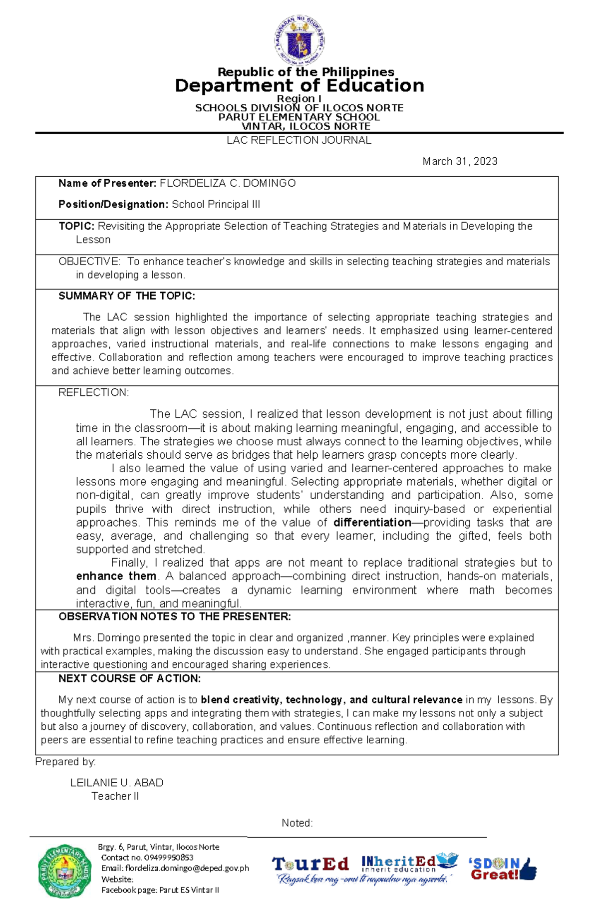 LAC Reflection Journal: Teaching Strategies & Materials Selection - Studocu