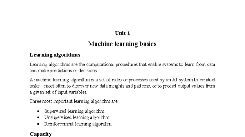 Unit 1 DL - Overview of Machine Learning Algorithms and Concepts - Studocu