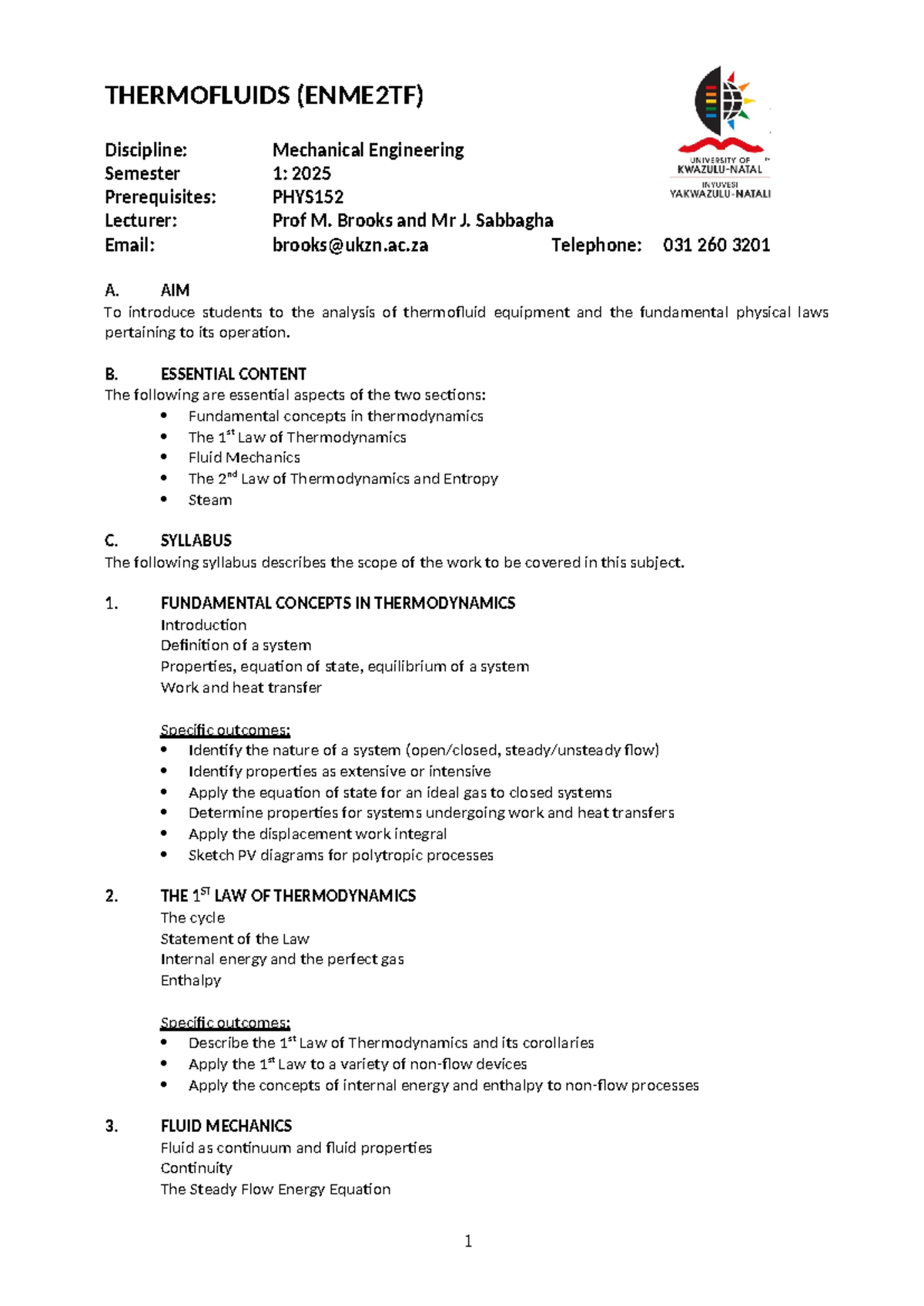 Thermofluids (ENME2TF) Course Outline and Syllabus for 2025 - Studocu