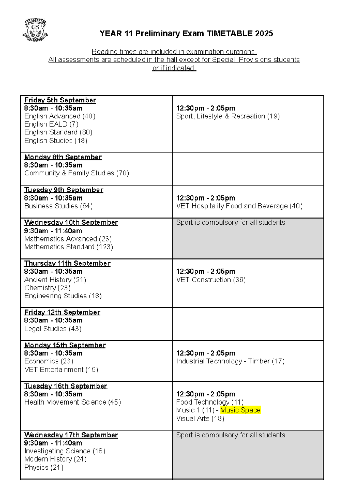 YEAR 11 Preliminary Exam Timetable 2025 - Studocu