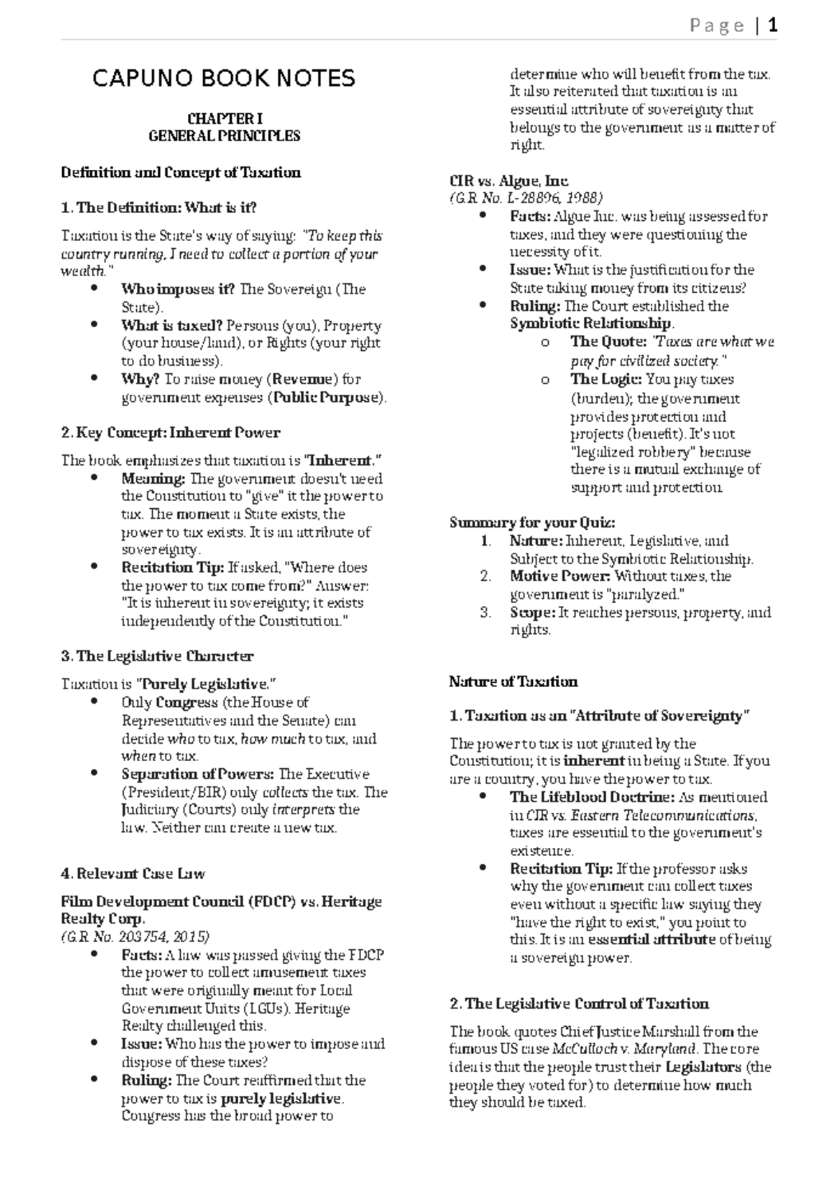 Capuno Book Notes: Chapter I - General Principles of Taxation - Studocu