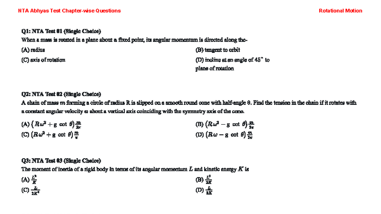 NTA Abhyas Test: Rotational Motion Questions for Practice - Studocu