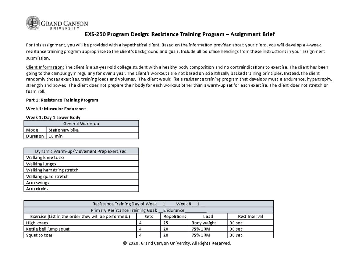 EXS 250 4-Week Resistance Training Program Design - Studocu