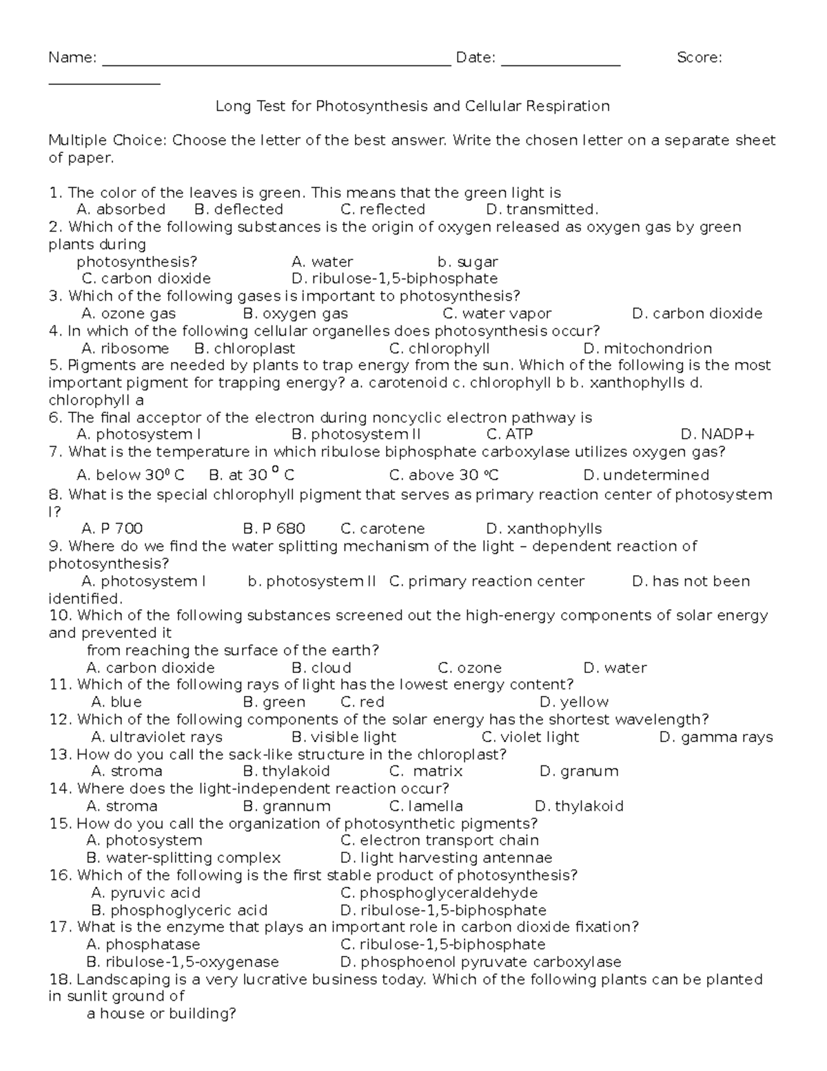Grade 10 Sr Long Test: Photosynthesis & Cellular Respiration Assessment ...