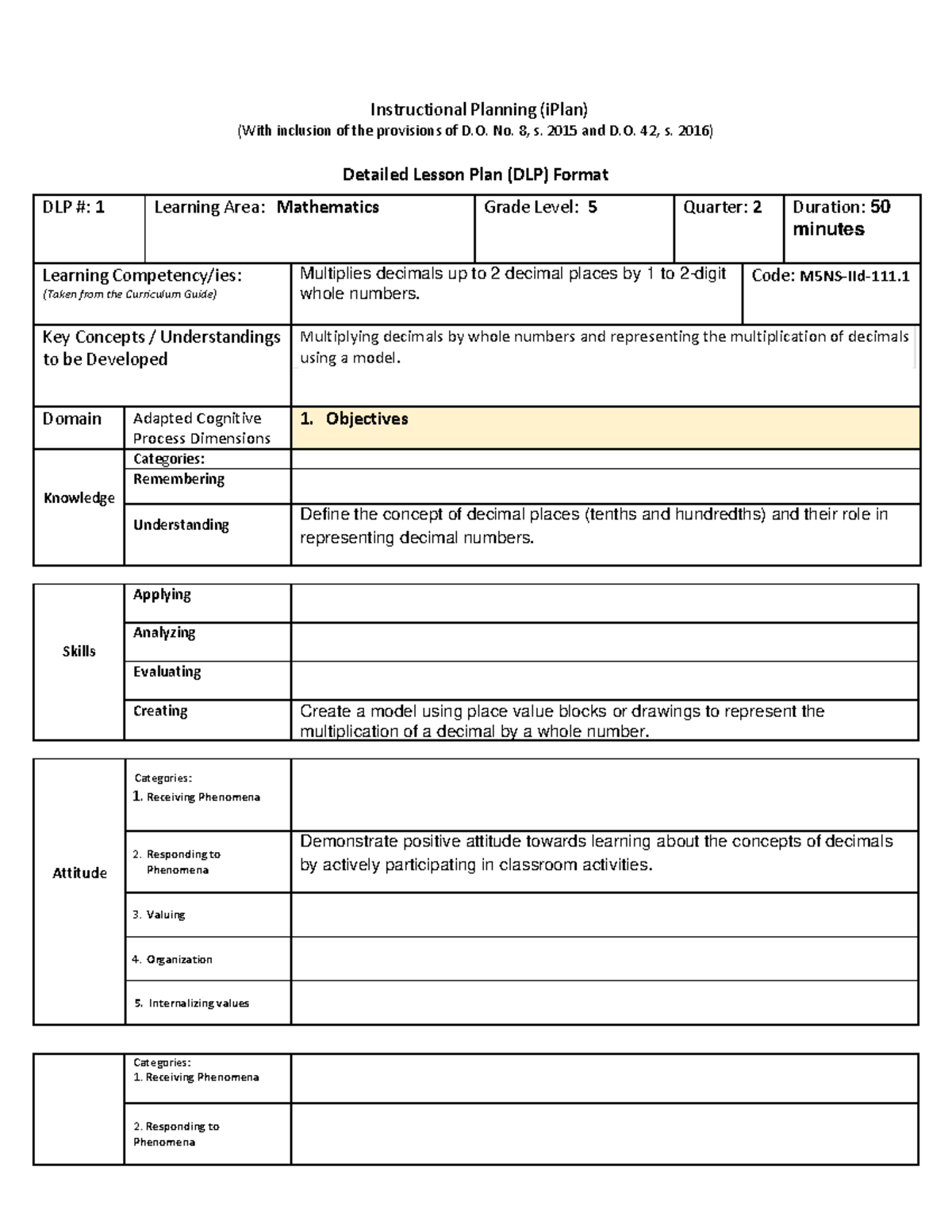 Math Lesson Plan for Grade 5: Multiplying Decimals (M5NS-IId-111) - Studocu
