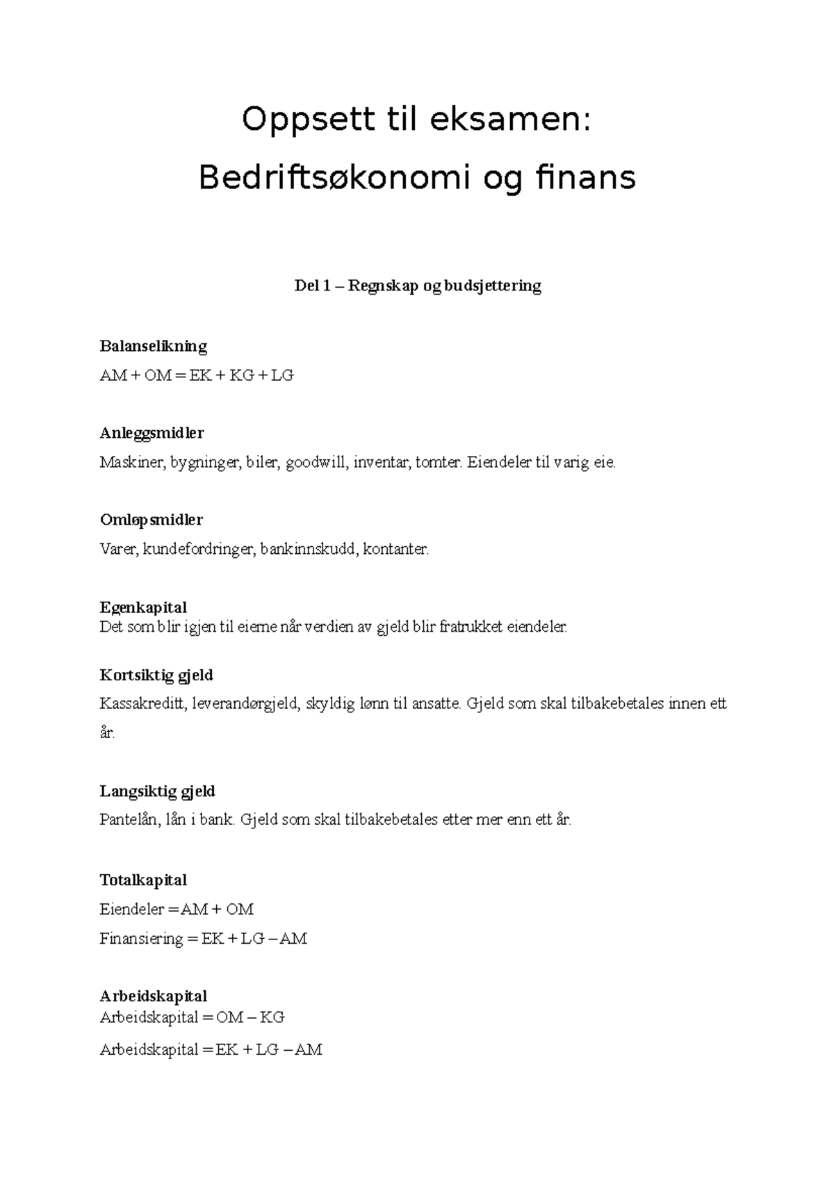 Formler til Bedriftsøkonomi og finans - BI - Oppsett til eksamen ...