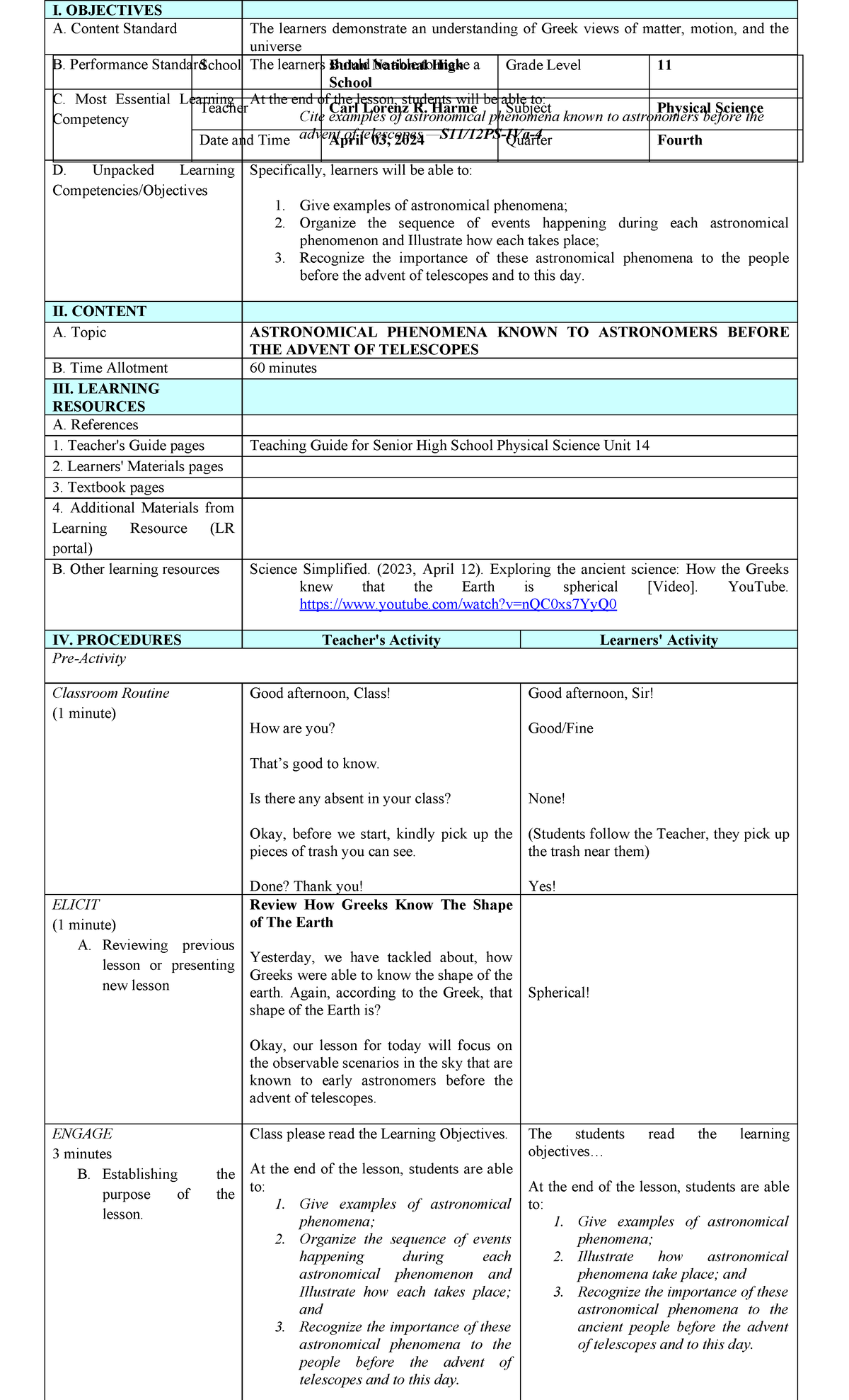 S11/12PS-IVa Lesson on Astronomical Phenomena Before Telescopes - Studocu