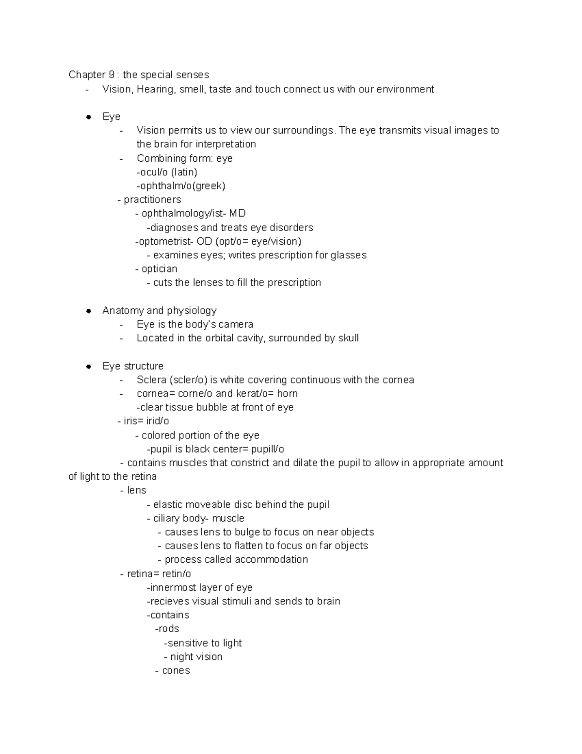 Med Term CH 9: Summary of Lecture Notes on Special Senses - Studocu