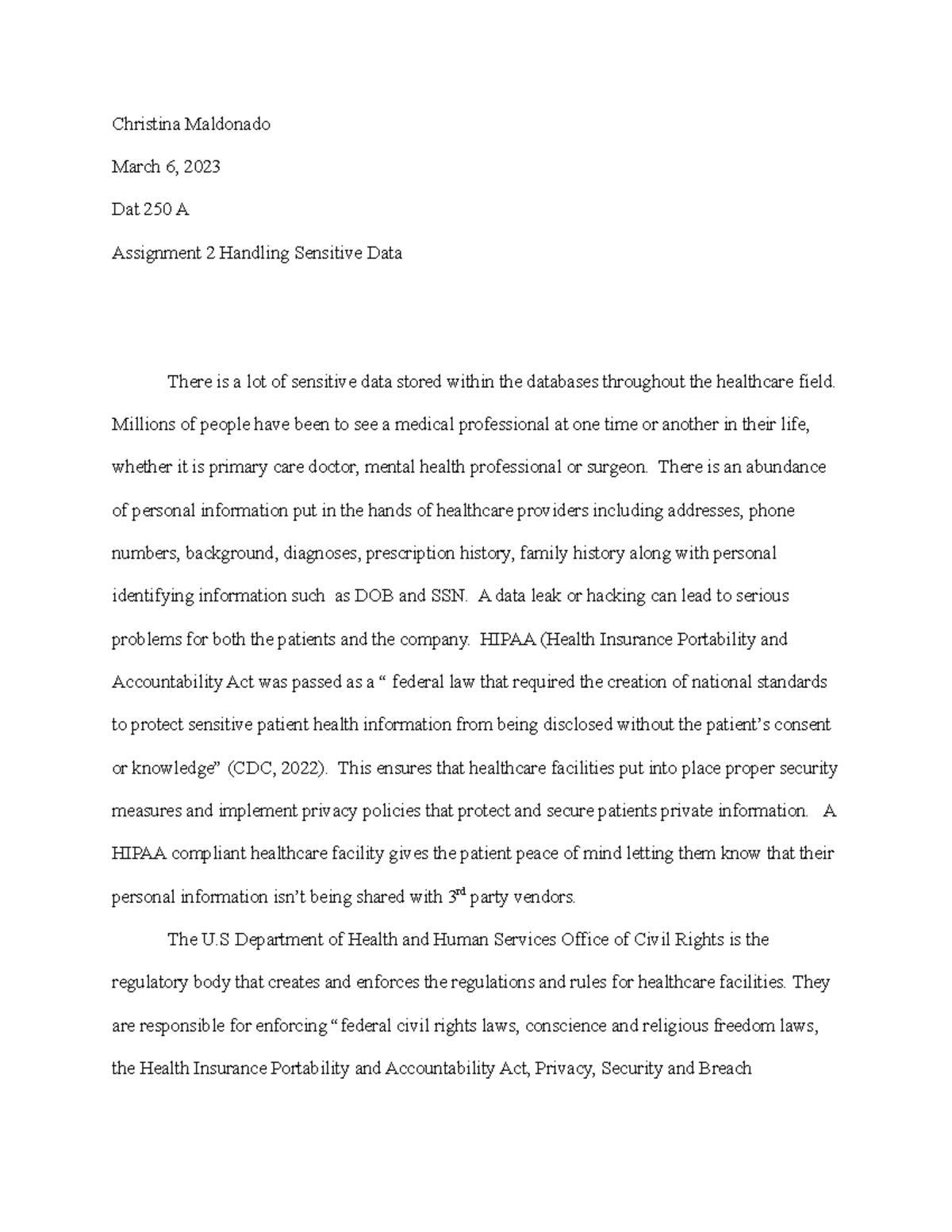 DAT 250 Module 2 Assignment: Handling Sensitive Data in Healthcare ...