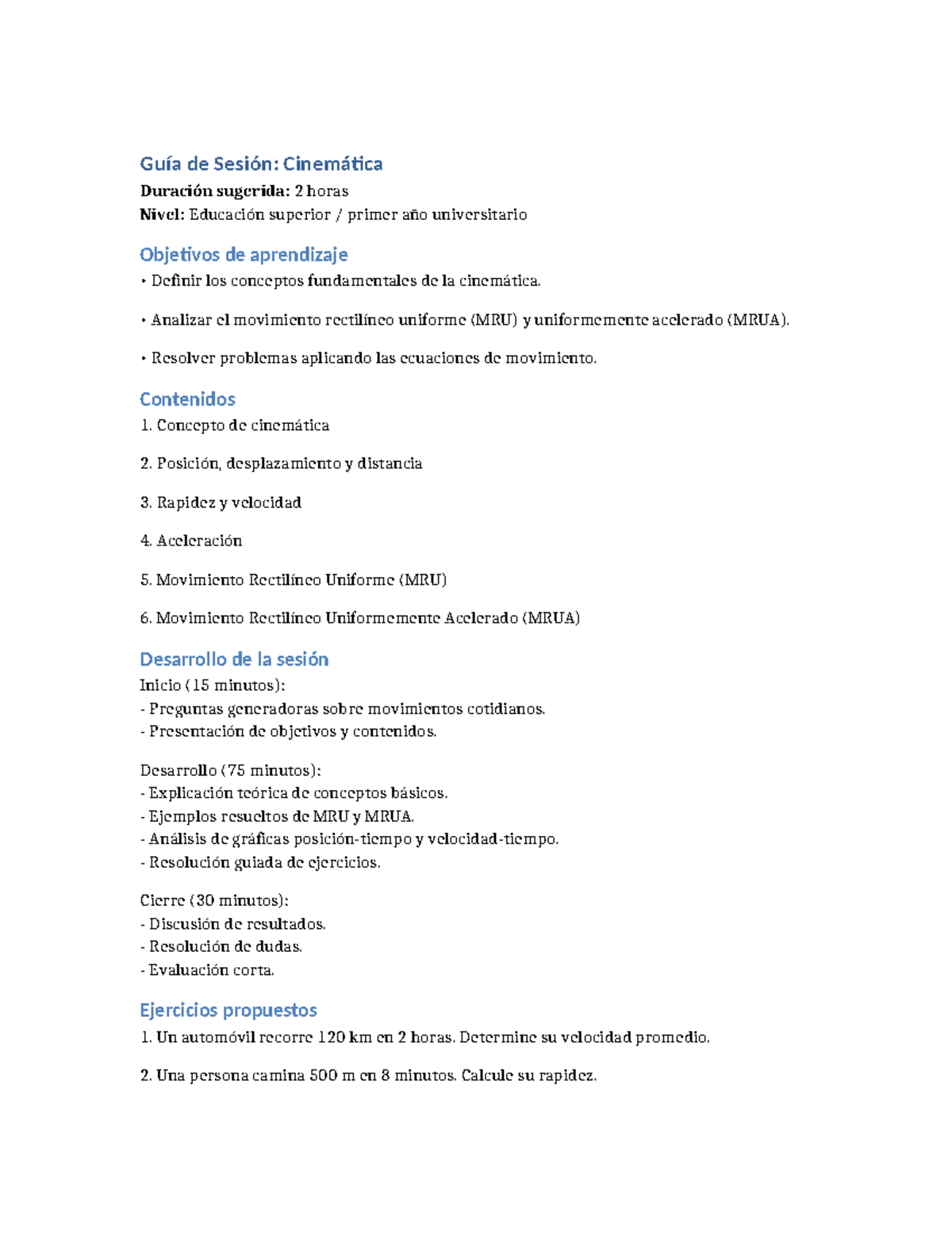 Guía de Sesión: Cinemática - Apuntes de Educación Superior - Studocu
