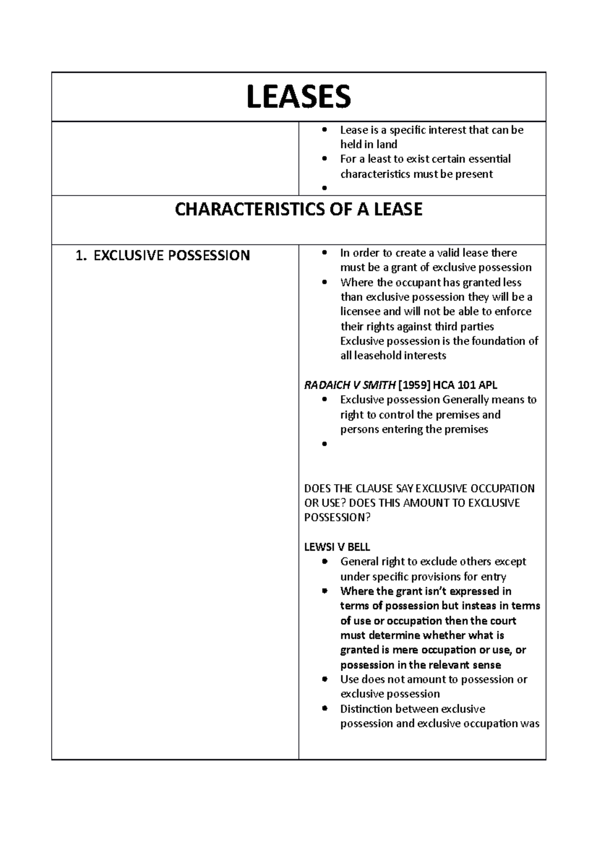 Leases Summary - LEASES Lease is a specific interest that can be held ...