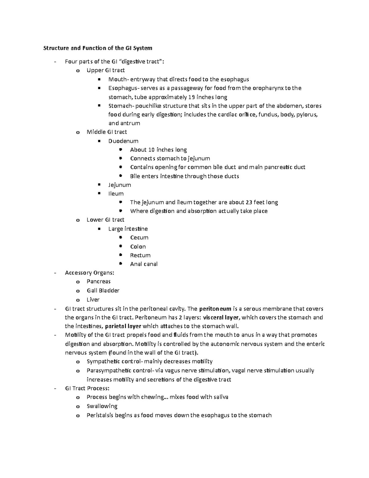 Patho notes exam 4 - Structure and function of the GI system, with ...