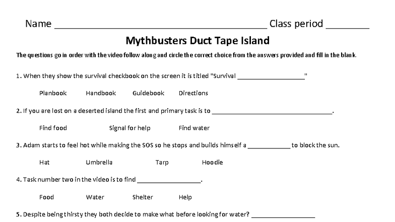 Mythbusters Duct Tape Island Worksheet - Class Period Activity - Studocu