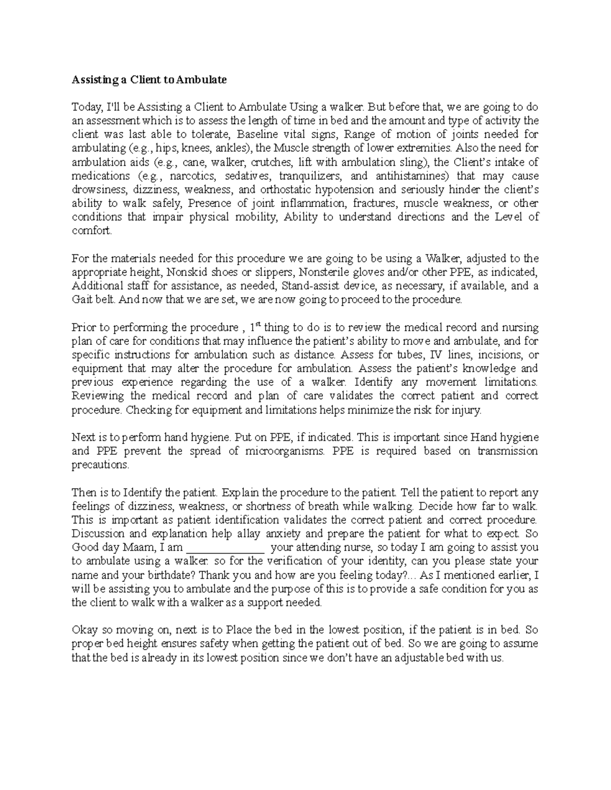 Walker Assisting a Client to Ambulate Procedure Checklist - Copy ...