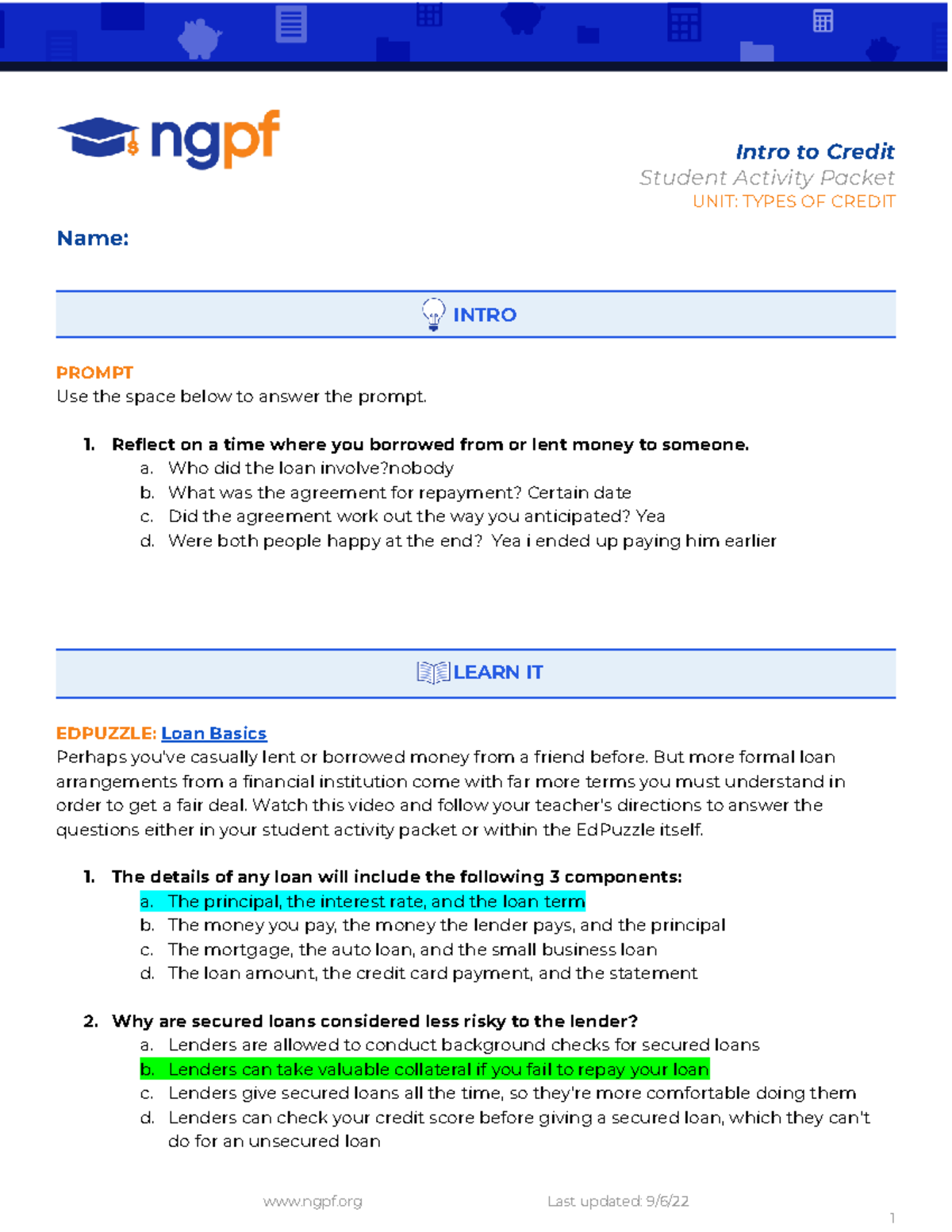 Intro to Credit Student Activity Packet: Types of Credit Unit - Studocu