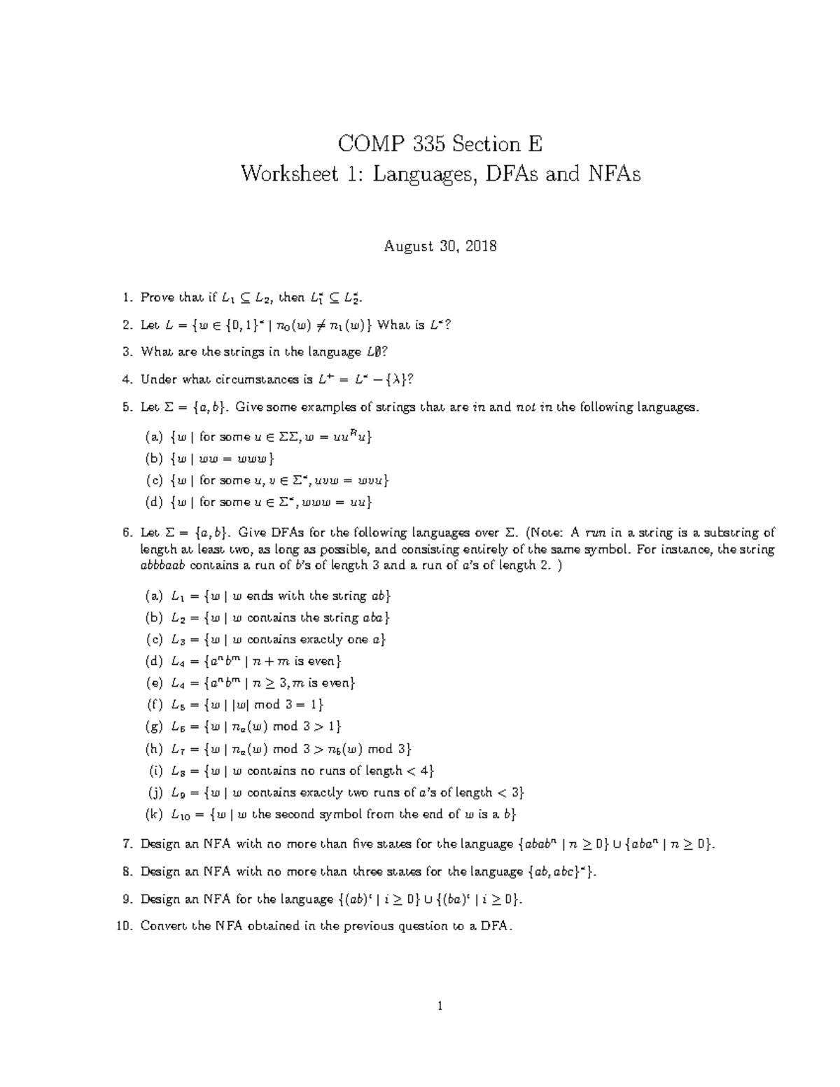 COMP 335 FA Worksheet 1: Languages, DFAs, and NFAs Problems - Studocu
