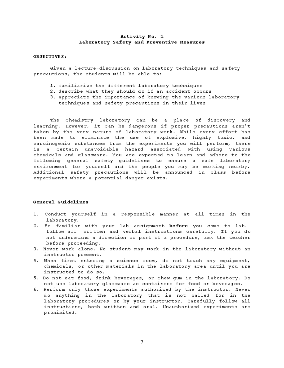 Activity No. 1: Laboratory Safety Guidelines and Best Practices - Studocu