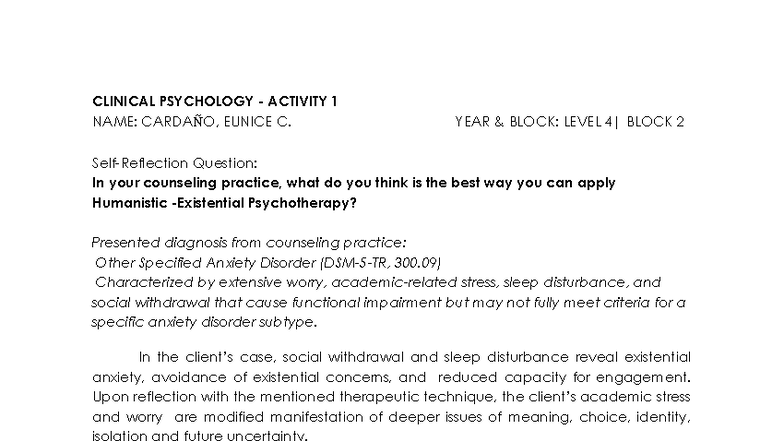Clinical Psychology Activity 1: Humanistic Psychotherapy Application ...