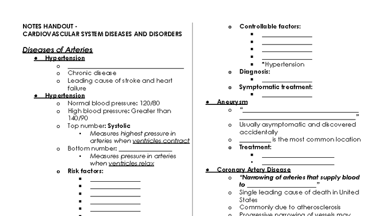 Cardio 101: Notes on Cardiovascular Diseases & Disorders - Studocu