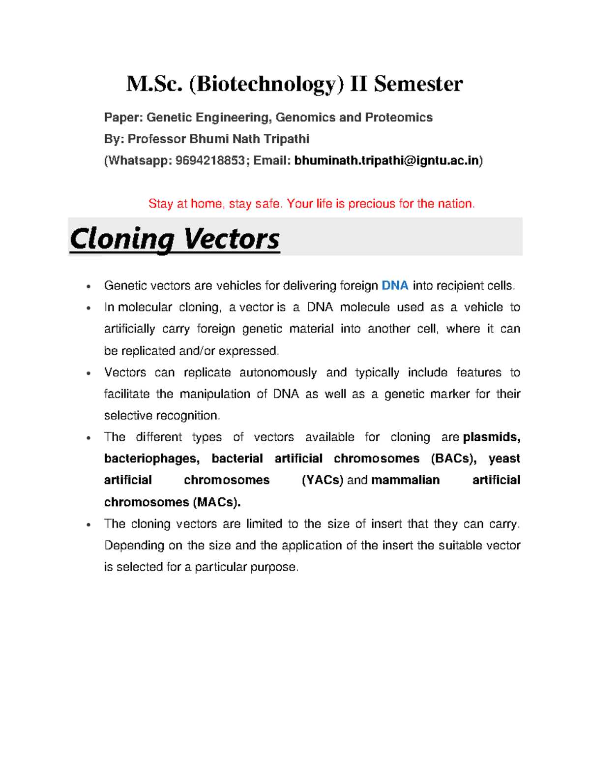 MSc Biotech II Sem: Genetic Engineering & Cloning Vectors Overview ...