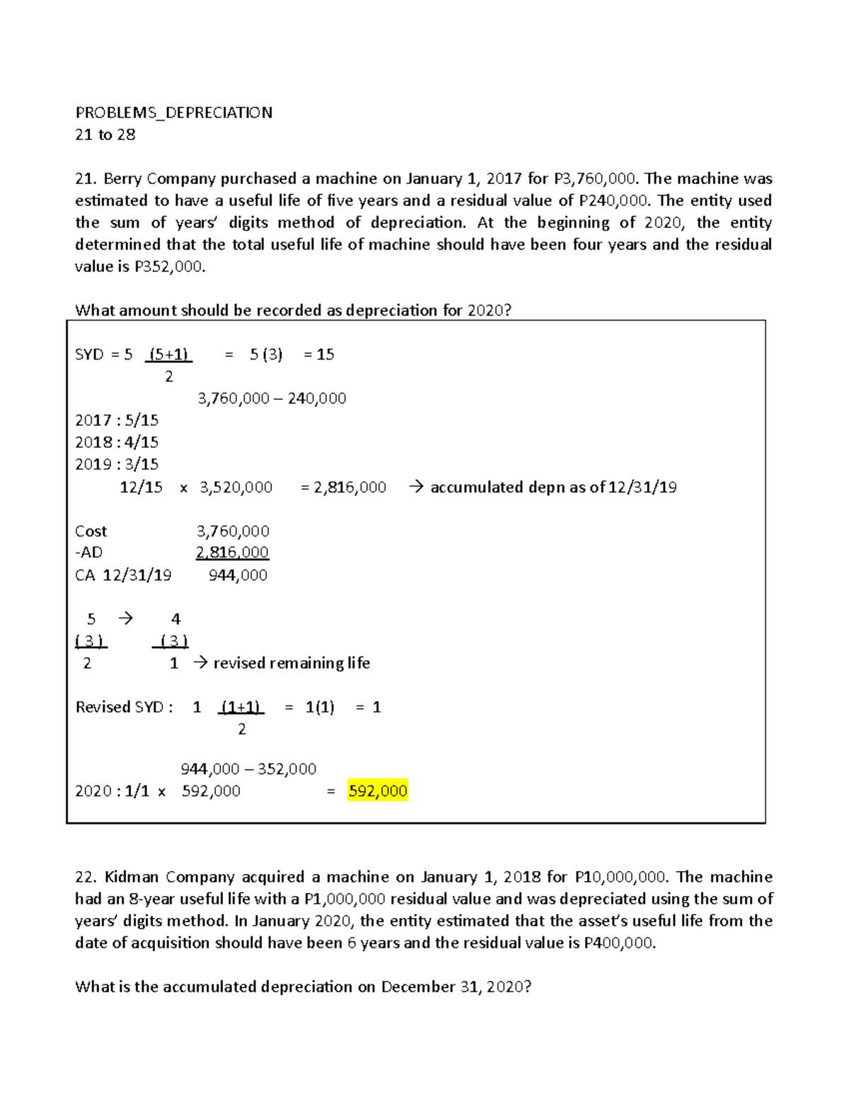 Depreciation Problems: Practice Exercises 21 to 28 - Studocu