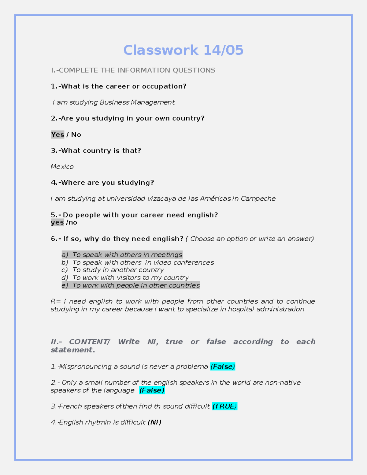Class Work 1405: Importance of English in Business Management - Studocu