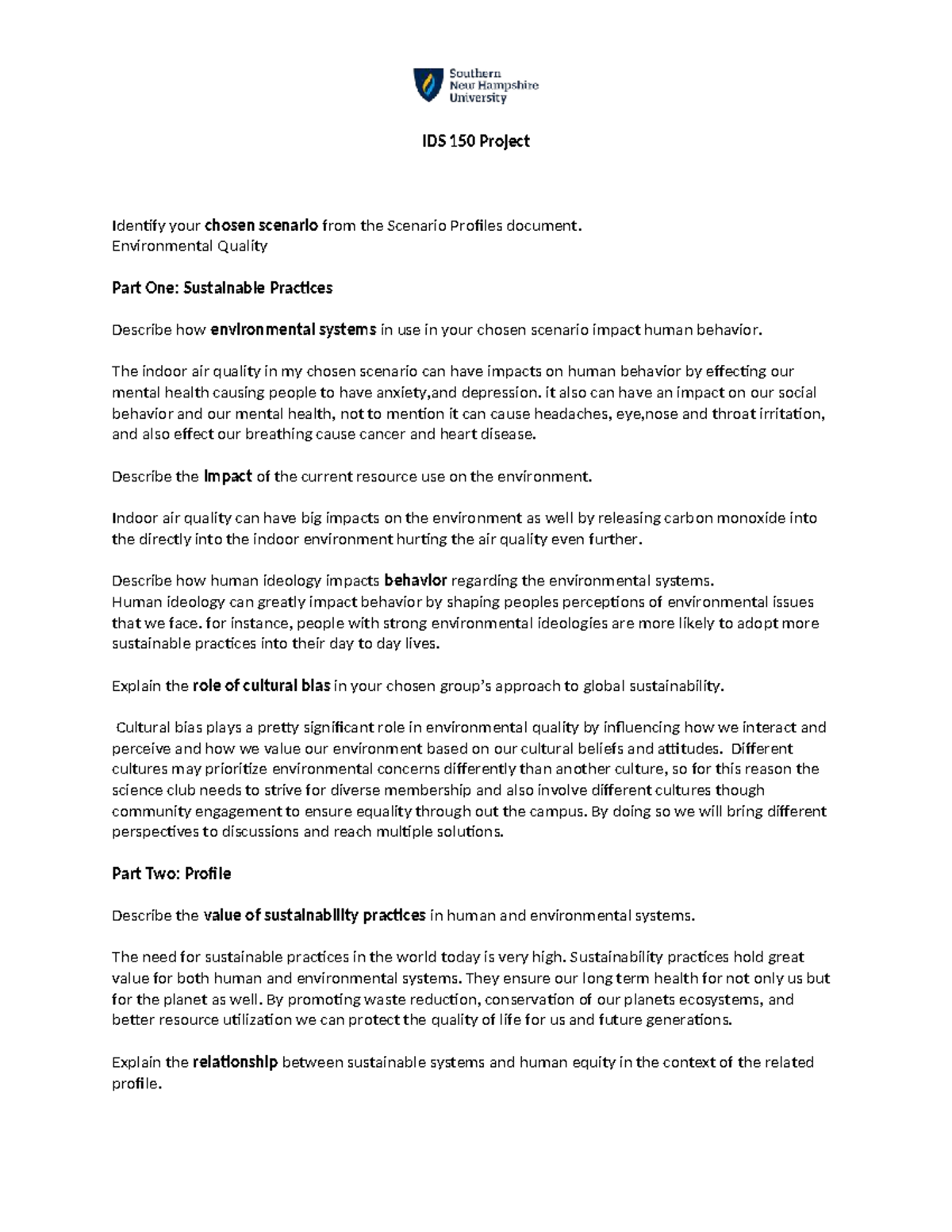 Sustainability class project - IDS 150 Project Identify your chosen ...
