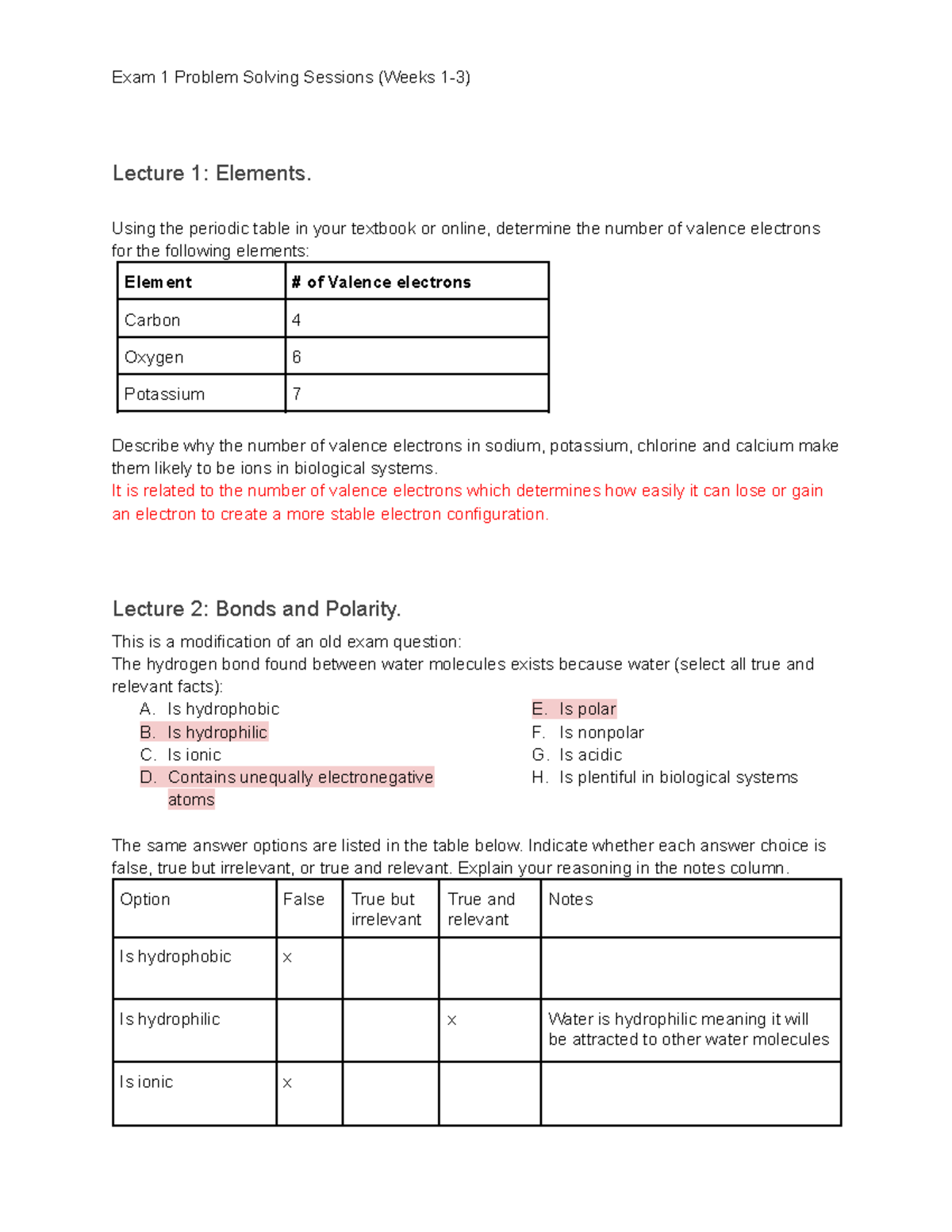 Exam 1 Problem Solving Sessions (Weeks 1-3) - Key Concepts and ...