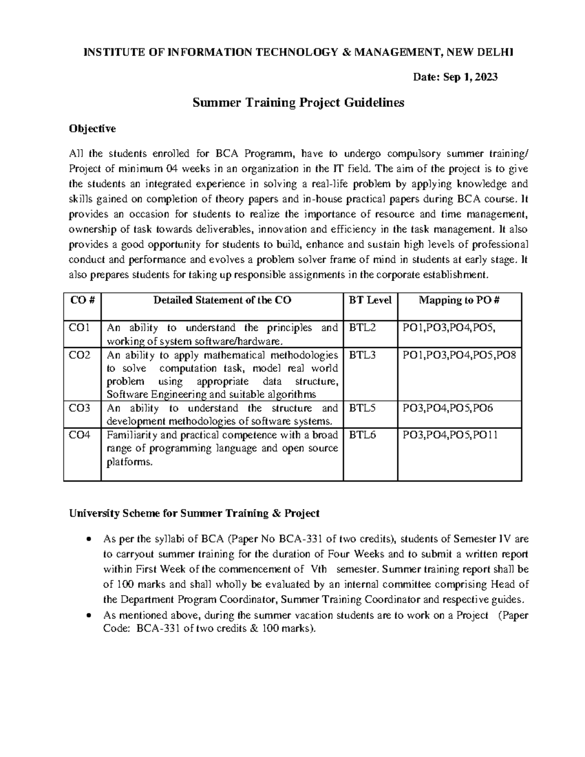BCA 2023 Summer Training Project Guideline Overview for Students - Studocu