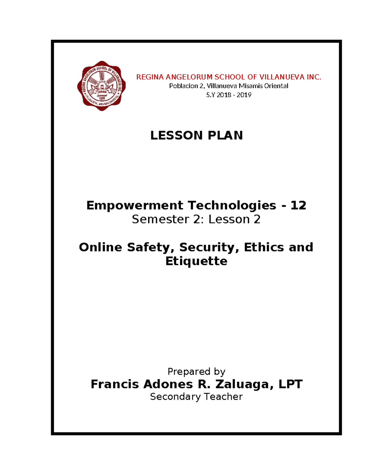 Empowerment Tech 12 S2: Lesson Plan on Online Safety & Ethics - Studocu