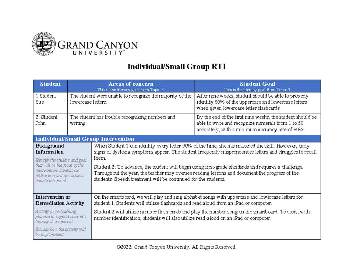 ECS-475-T6 RTI - Individualized Literacy Intervention Plan - Studocu