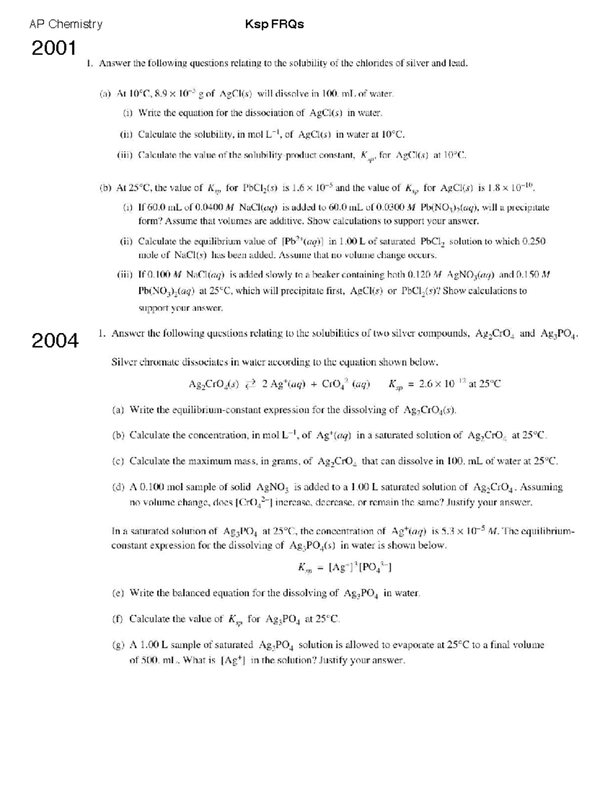 AP Chemistry Final Exam Ksp FRQs Compilation (2001-2004) - Studocu