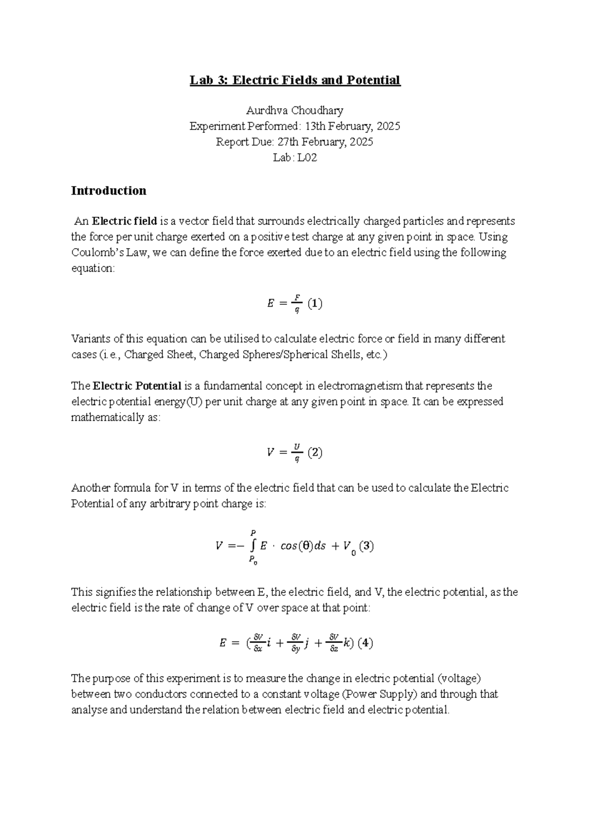 Lab 3: Exploring Electric Fields and Potential Relationships in Physics ...