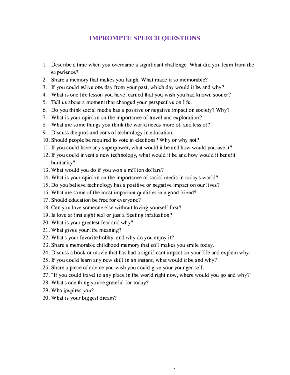 Impromptu Speech Questions for 2025: Thought-Provoking Prompts - Studocu