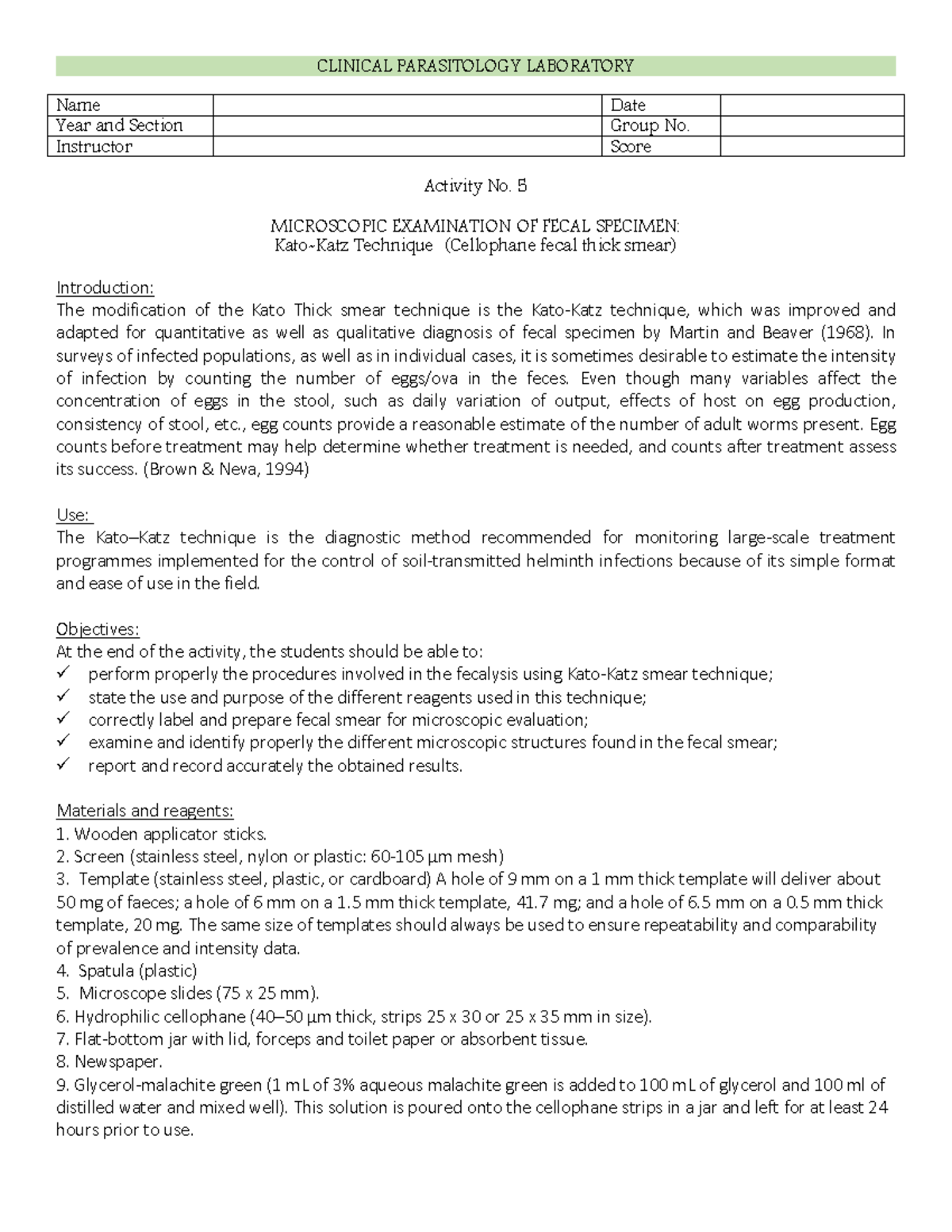 Kato-Katz Technique: Comprehensive Microscopic Examination Guide - Studocu