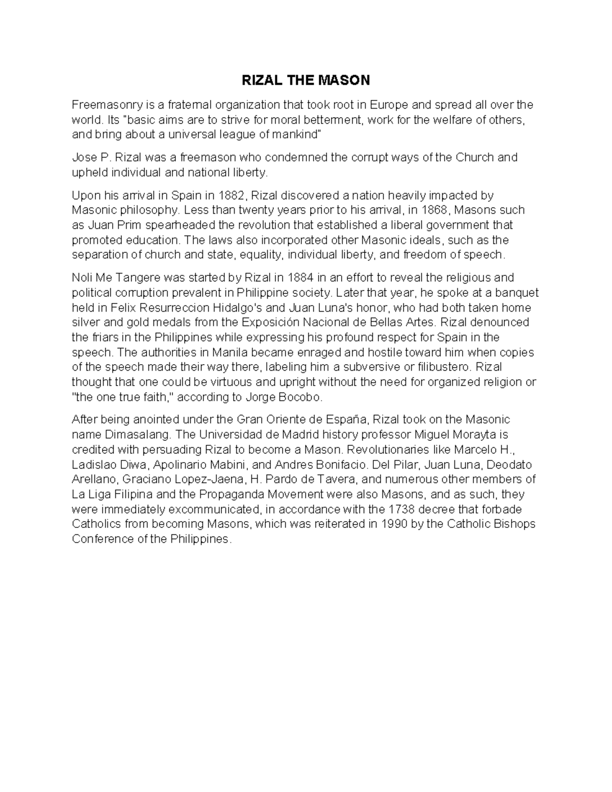 Rizal’s Influence in Freemasonry: Ideals and Impact - Studocu