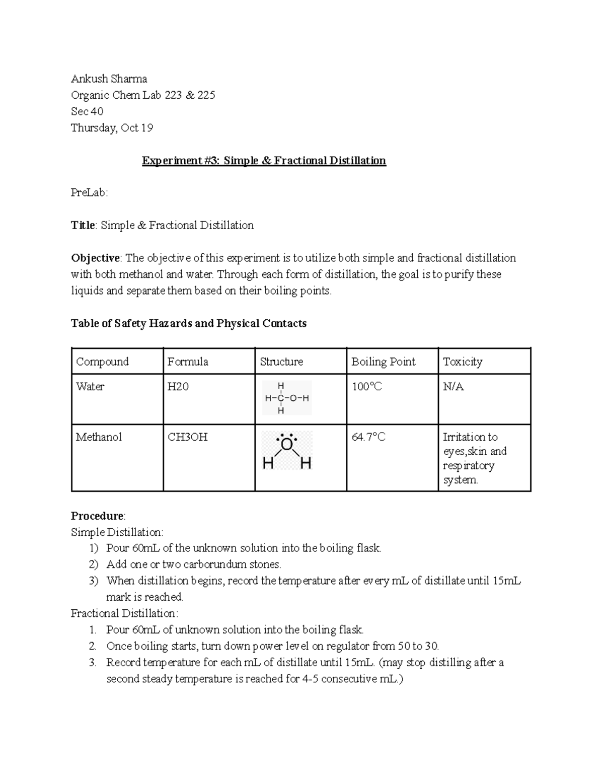 Orgo 223-225 Lab: Simple & Fractional Distillation Experiment Report ...