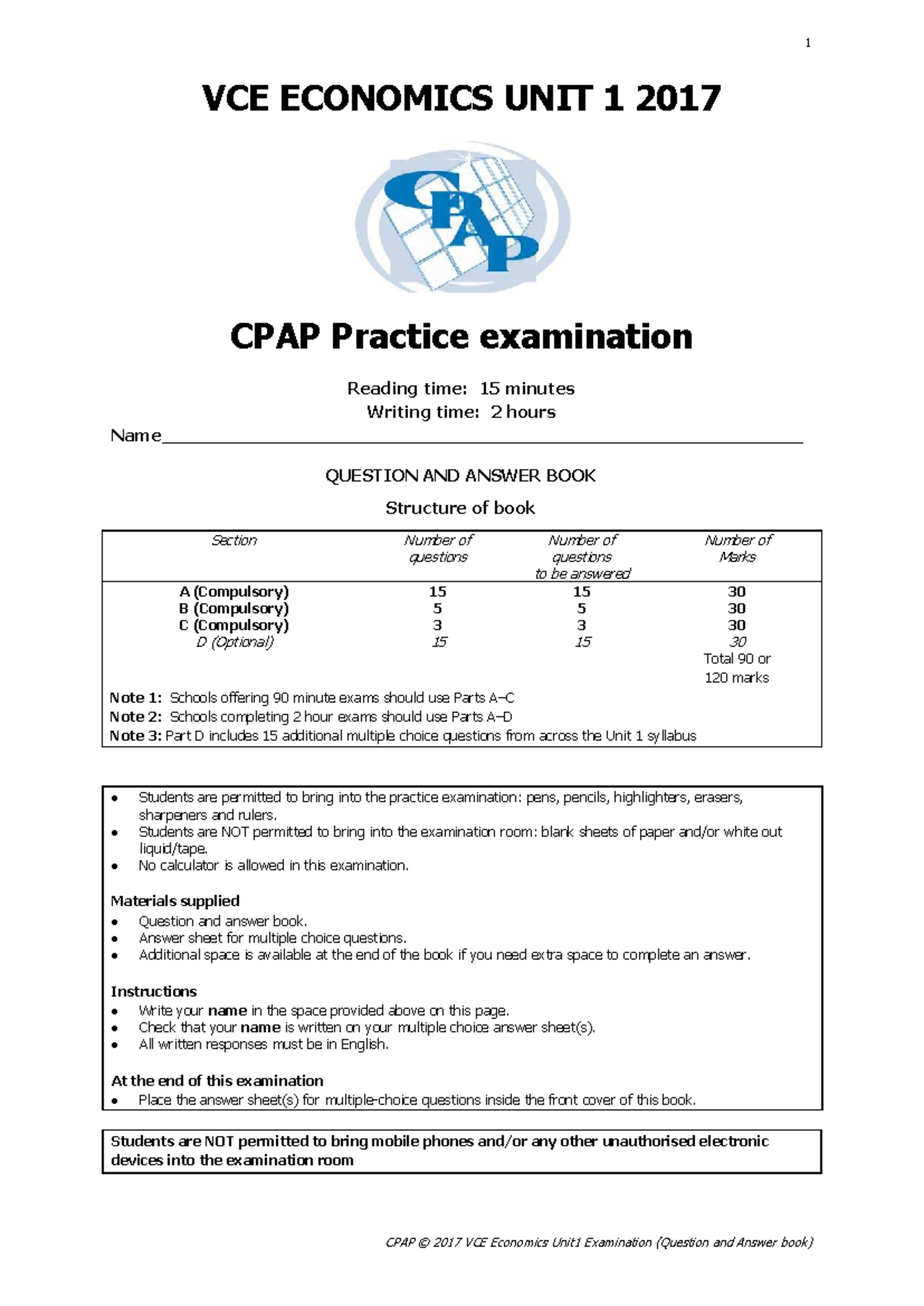 2017 CPAP VCE Economics Unit 1 Practice Exam Questions & Answers - Studocu