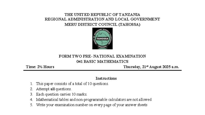 MATH 041 Form Two National Exam: Basic Mathematics Guide - Studocu