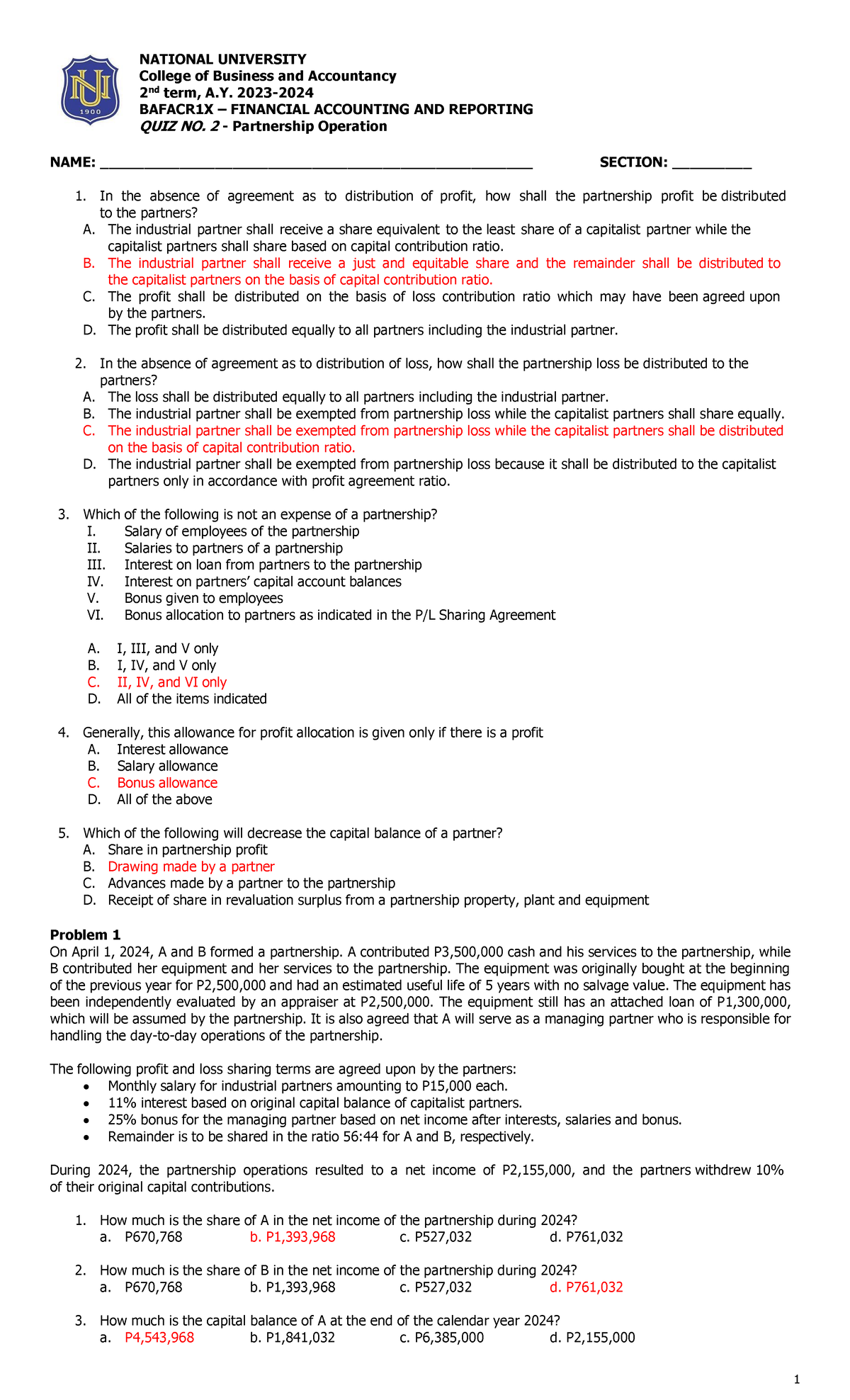 BAFACR1X Financial Accounting & Reporting Quiz No. 2 Answer Keys - Studocu